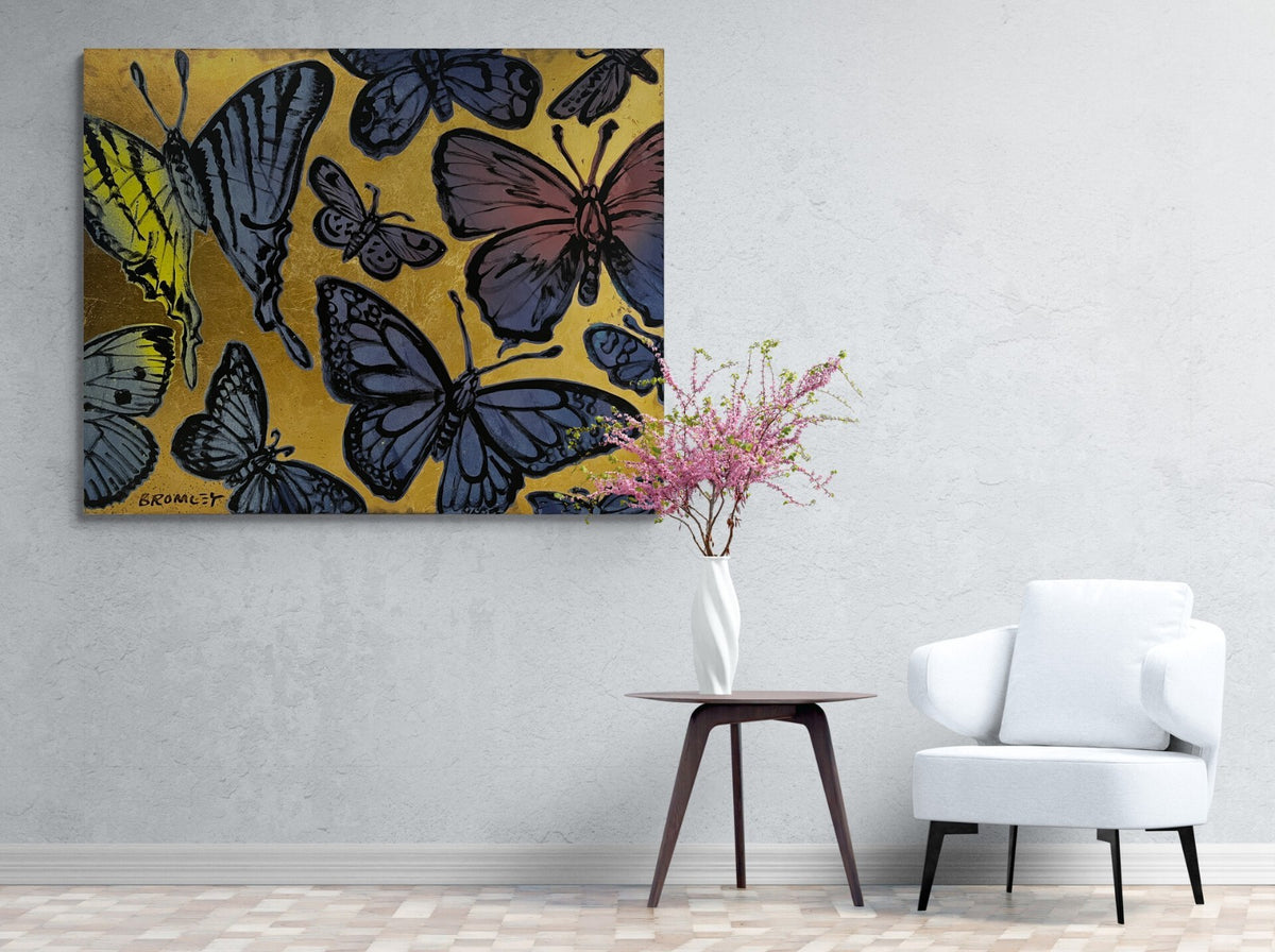DAVID BROMLEY "Butterflies" Polymer & Gold Leaf on Canvas 121.5cm x 15 ...