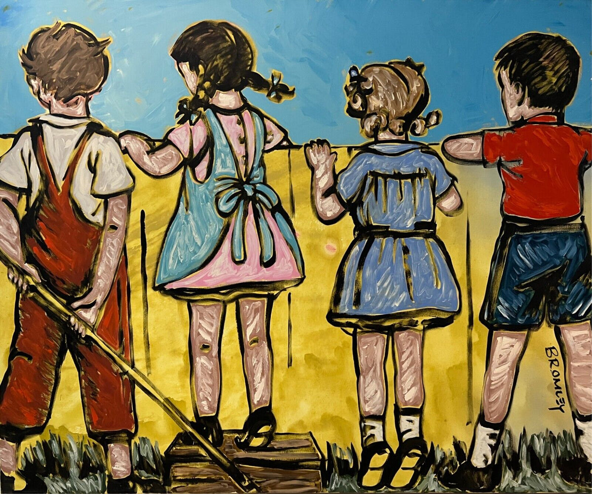 DAVID BROMLEY Children Series "Over The Fence" Polymer on Canvas 152cm ...